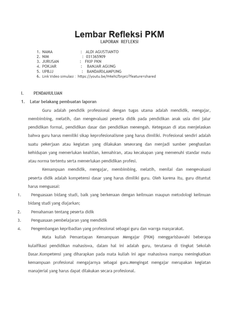 Contoh Lembar Refleksi PKM | PDF