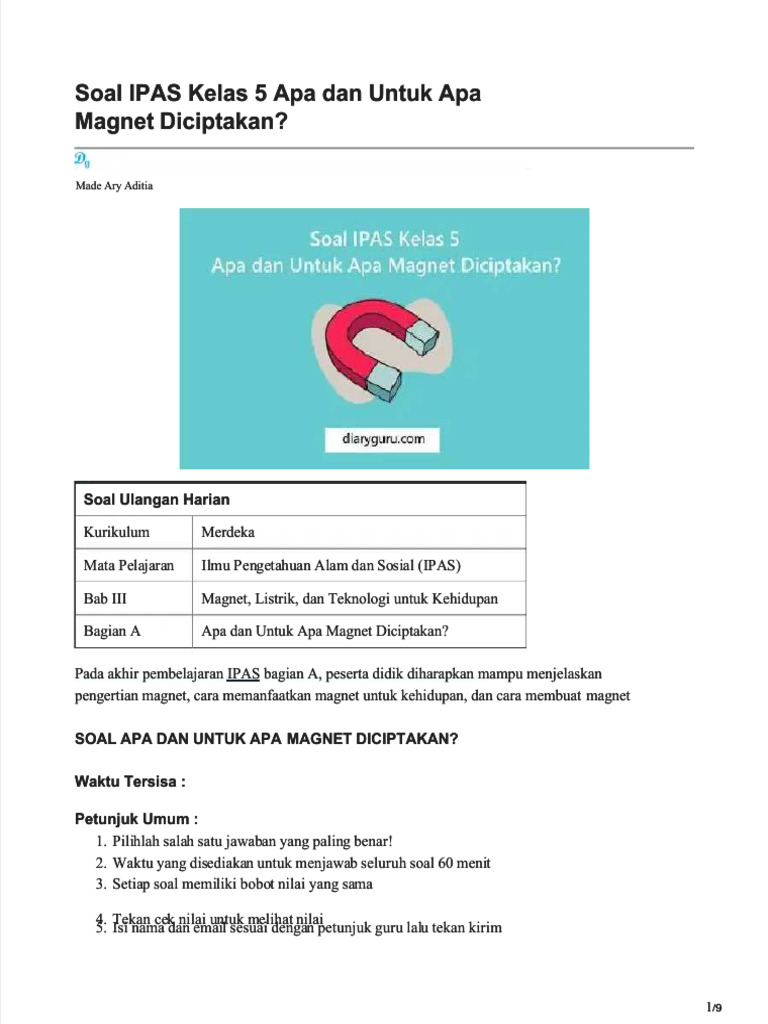 PDF Soal Ipas Kelas 5 Apa Dan Untuk Apa Magnet Diciptakan - Compress | PDF