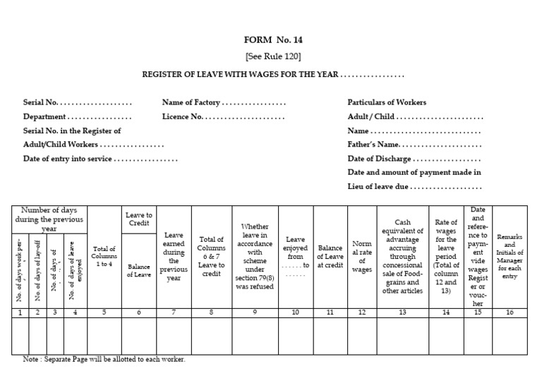 None - FORM 14 - REGISTER OF LEAVE WITH WAGES FOR THE YEAR | PDF | Wage | Economies