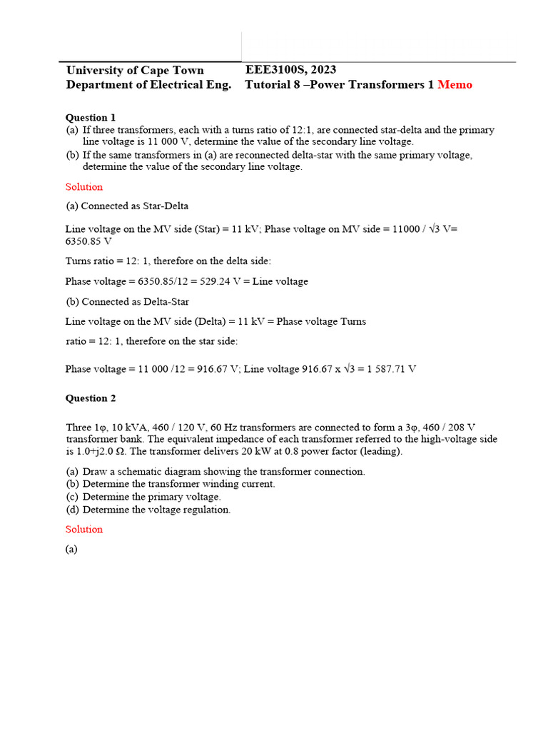 EEE3100S 2023 Tutorial 8 Memo | PDF | Transformer | Electronics