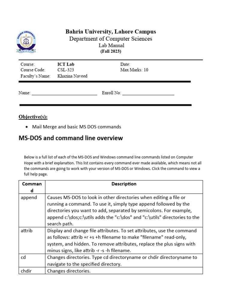 Lab Journal DOS Commands 24102023 101419am | PDF | Computer File | Command Line Interface
