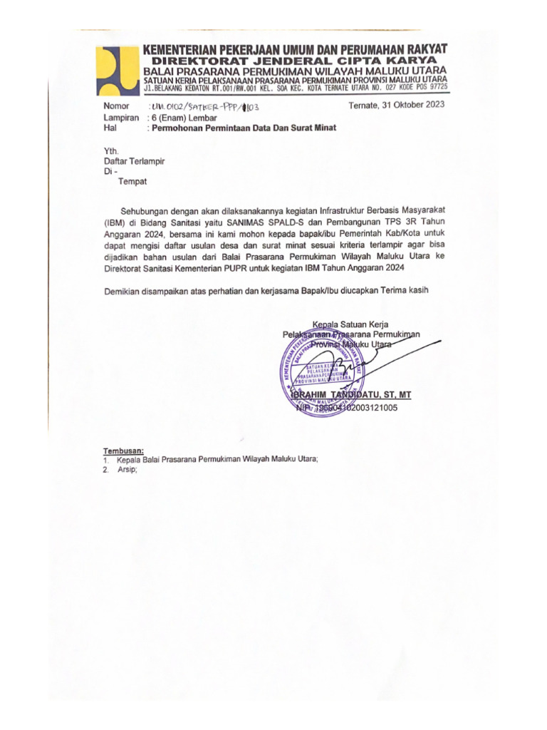 Surat Permintaan Data IBM Sanitasi TA 2024 | PDF