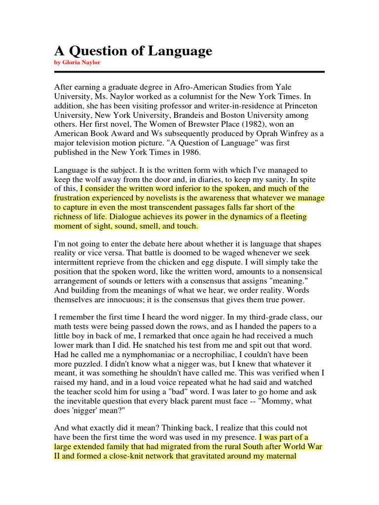 A Question of Language - Gloria NAYLOR | PDF | Linguistics | Linguistic ...