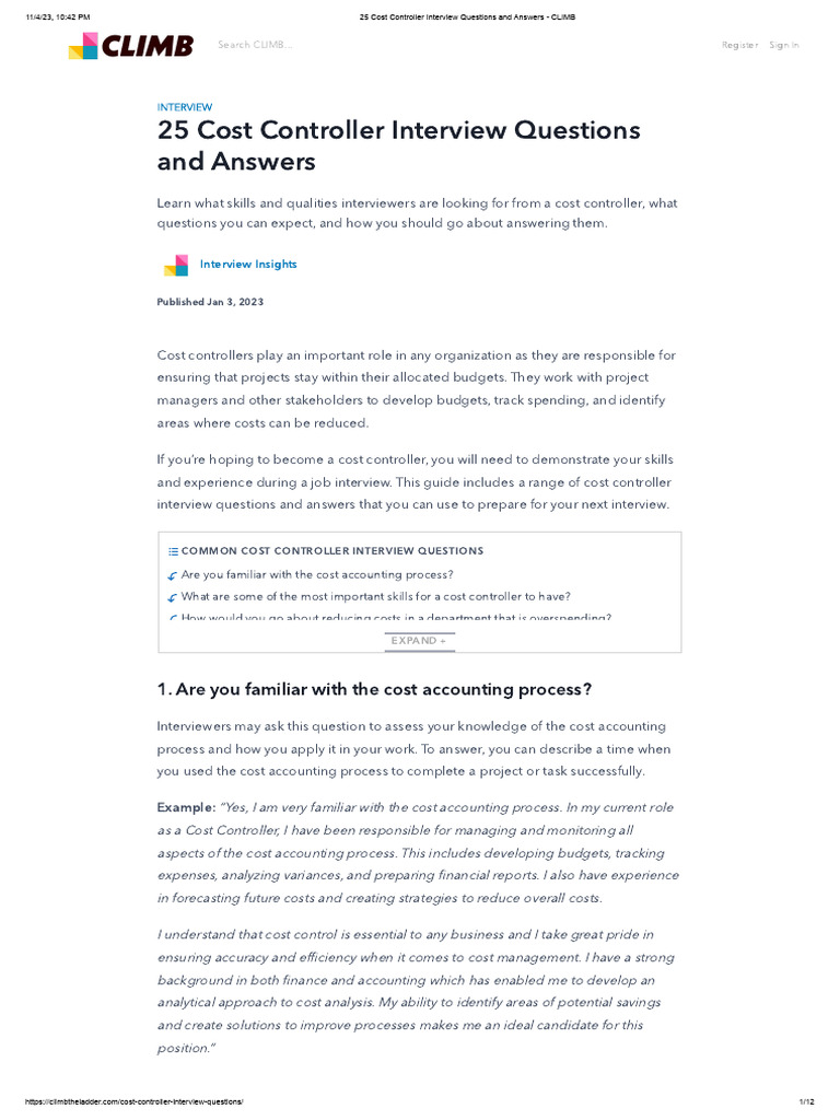 25 Cost Controller Interview Questions and Answers - CLIMB | Download ...
