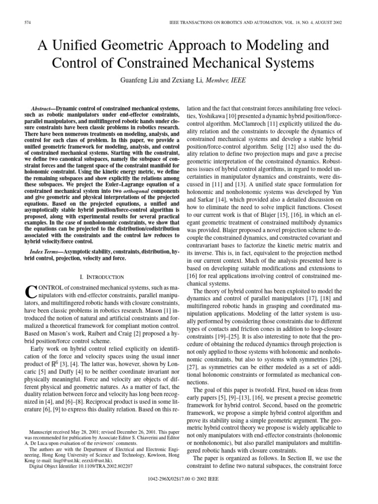 (2002) A Unified Geometric Approach To Modeling and Control of Constrained Mechanical Systems ...
