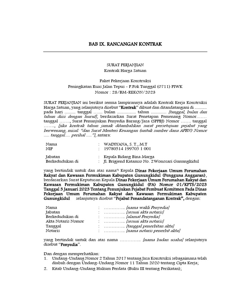 contoh RANCANGAN KONTRAK SSUK SSKK TEPUS NEW | PDF