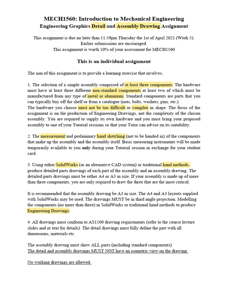 MECH1560 Engineering Graphics Detail and Assembly Drawing Assignment ...