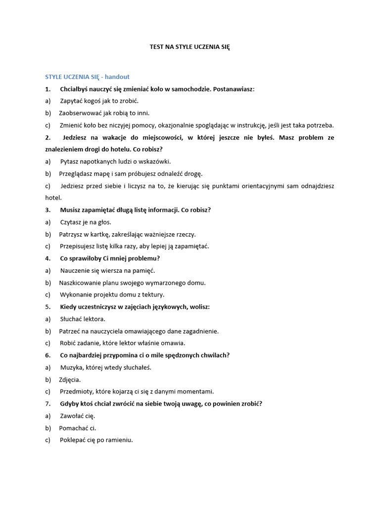 TEST NA STYLE UCZENIA SIĘ z odpowiedziami | PDF