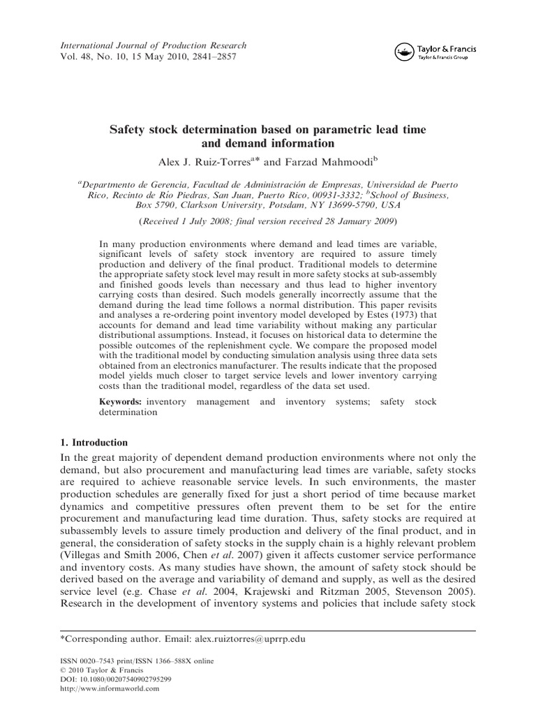 Q1. Safety Stock Determination Based On Parametric Lead Time | PDF ...