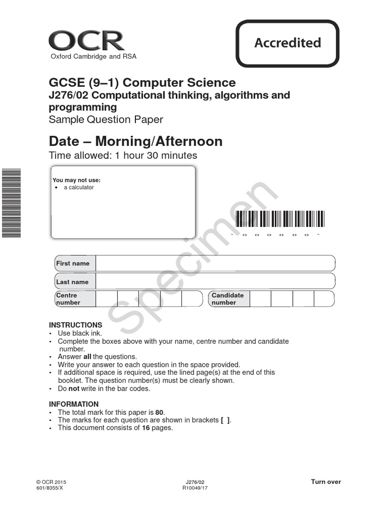 Unit J276 02 Computational Thinking Algorithms And Programming Sample Assessment Materials Pdf