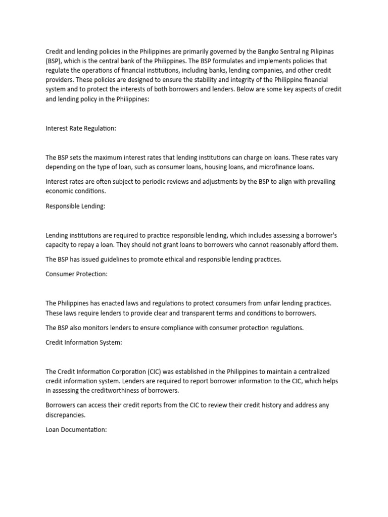 Philippines Credit and Lending Policies | PDF | Loans | Credit