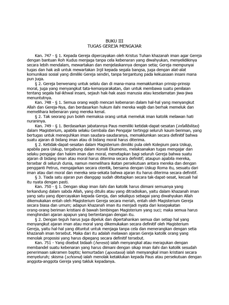 Buku III. Tugas Gereja Mengajar (Kan. 747-833) | PDF