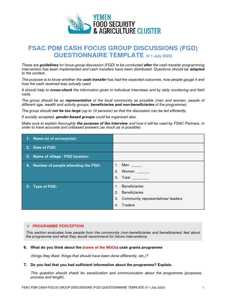 fsac_pdm-fgd-questionnaire-template_v1_jul_2023 | PDF | Focus Group ...