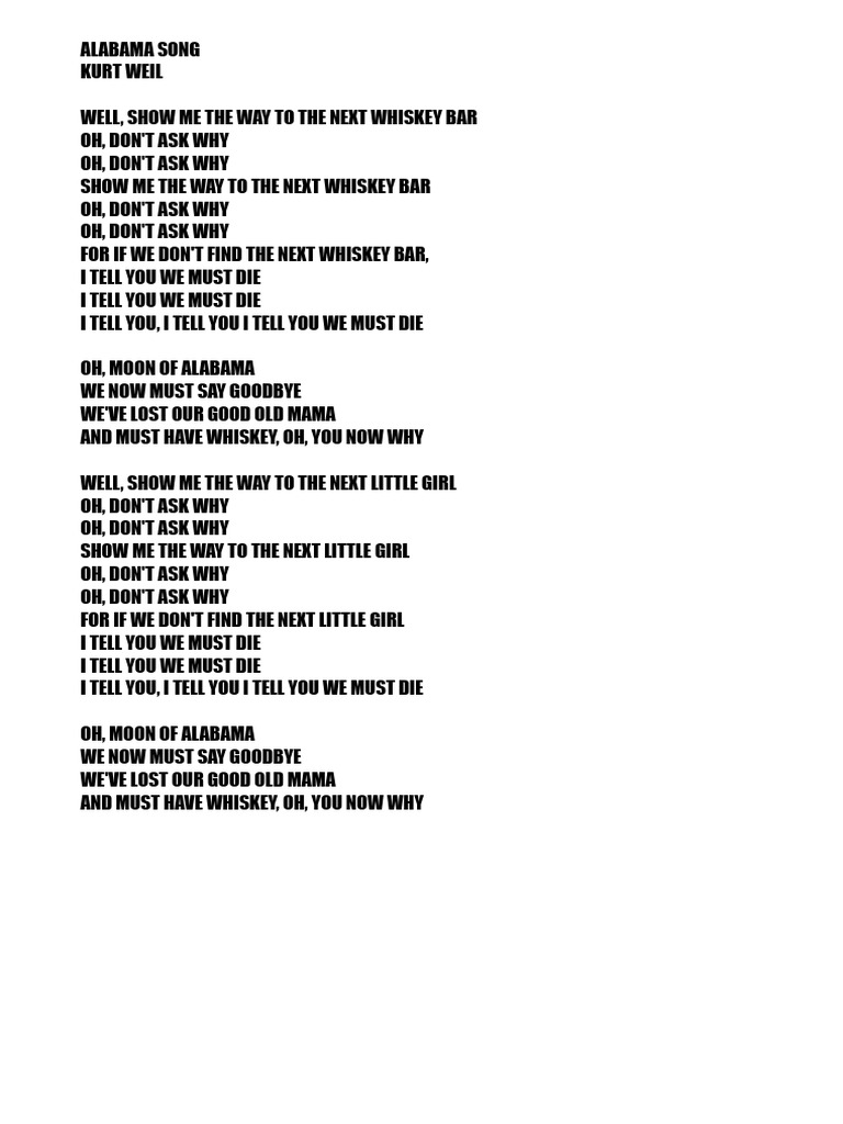 Alabama Song Lyrics Analysis | PDF | Art | Poetry
