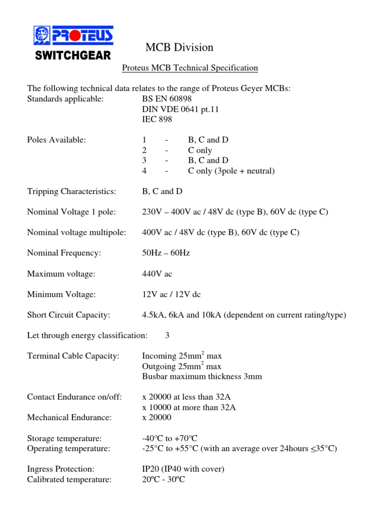MCB Specification Bsen60898 | PDF | Fuse (Electrical) | Alternating Current