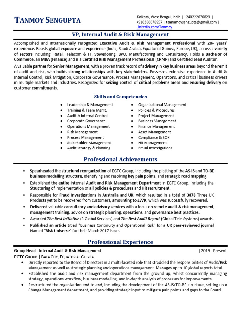 Tanmoy Sengupta Resume | PDF | Internal Audit | Audit
