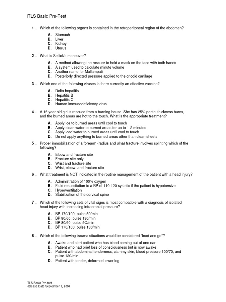 Basic Pre-test | PDF | Injury | Shock (Circulatory)