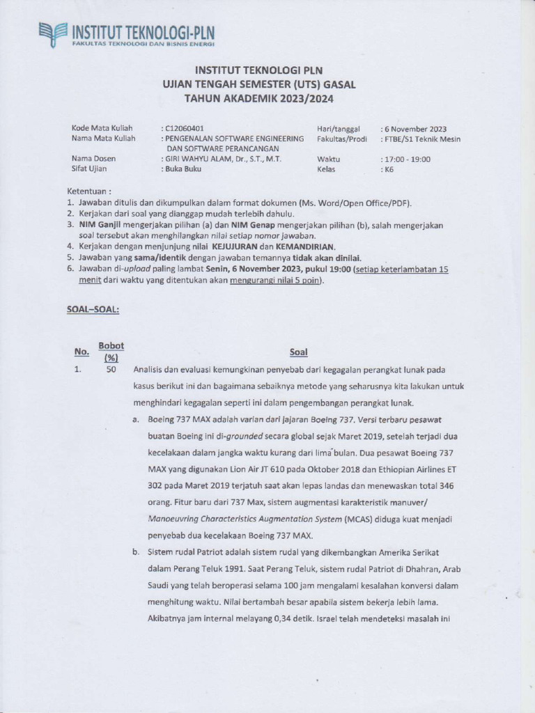 Soal UTS Gasal 2023 - C12060401 Pengenalan Software Engineering K6 | PDF