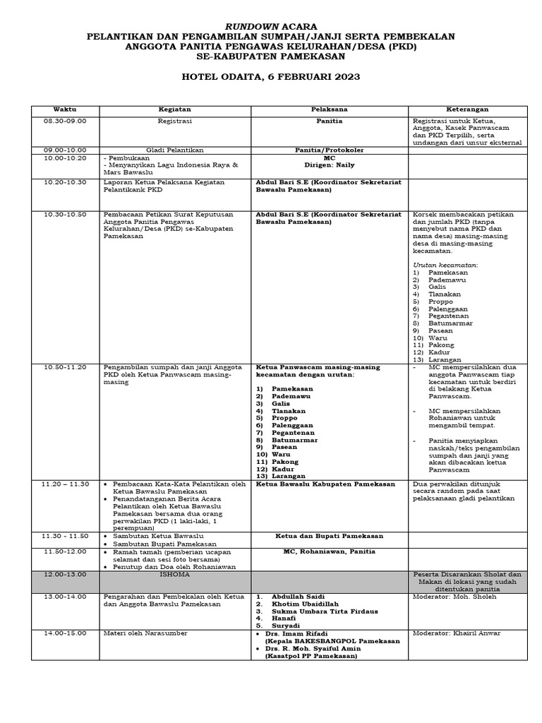 Rundown Acara Pelantikan PKD 6 Feb 2023 | PDF