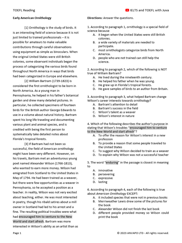 Reading Test - Ornithology | PDF | Ornithology