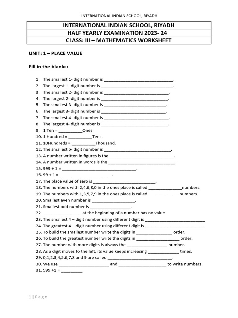 HalfYearly Maths Worksheet Solved | PDF | Shape | Numbers