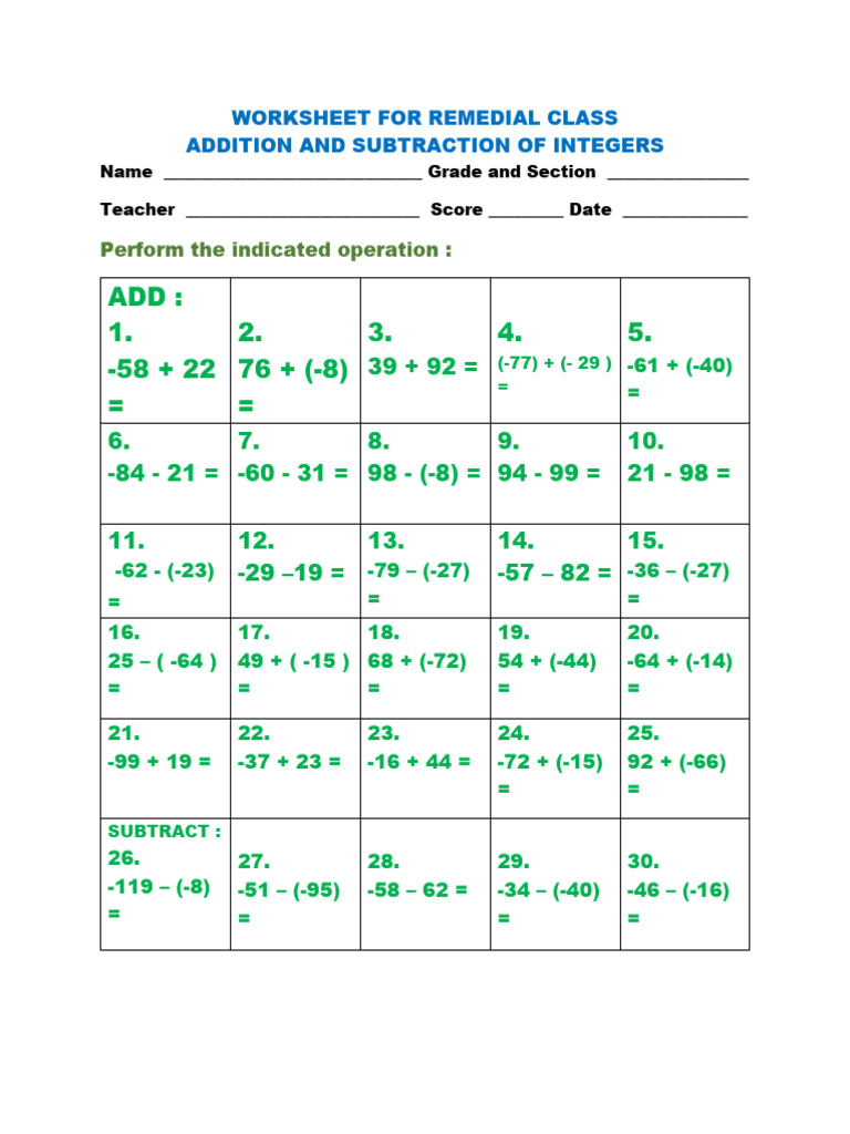 Worksheet For Remedial Class Regarding Addition and Subtraction of ...