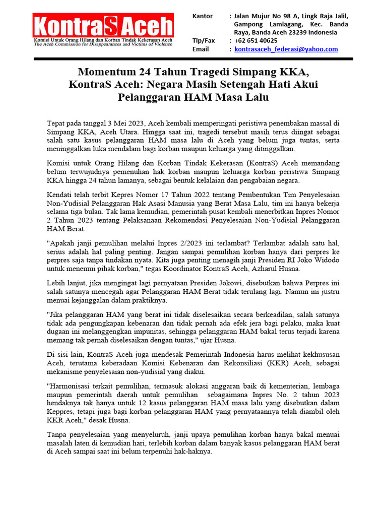 KontraS Aceh - Momentum 24 Tahun Tragedi Simpang KKA | PDF