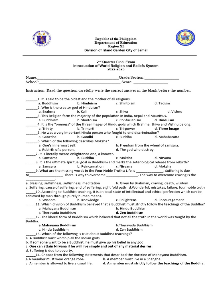 IWRBS Final Exam 2nd Quarter | PDF | Four Noble Truths | Shinto