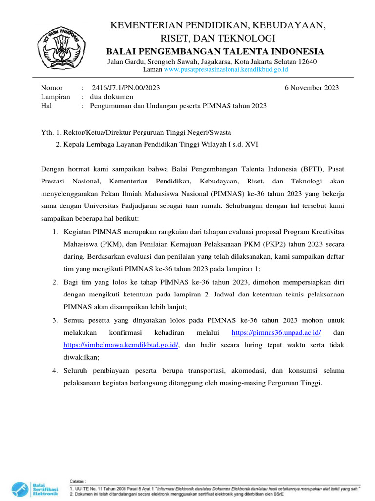 Pengumuman Peserta Lolos PIMNAS Tahun 2023 | PDF Pengumuman Peserta Lolos PIMNAS Tahun 2023 | PDF