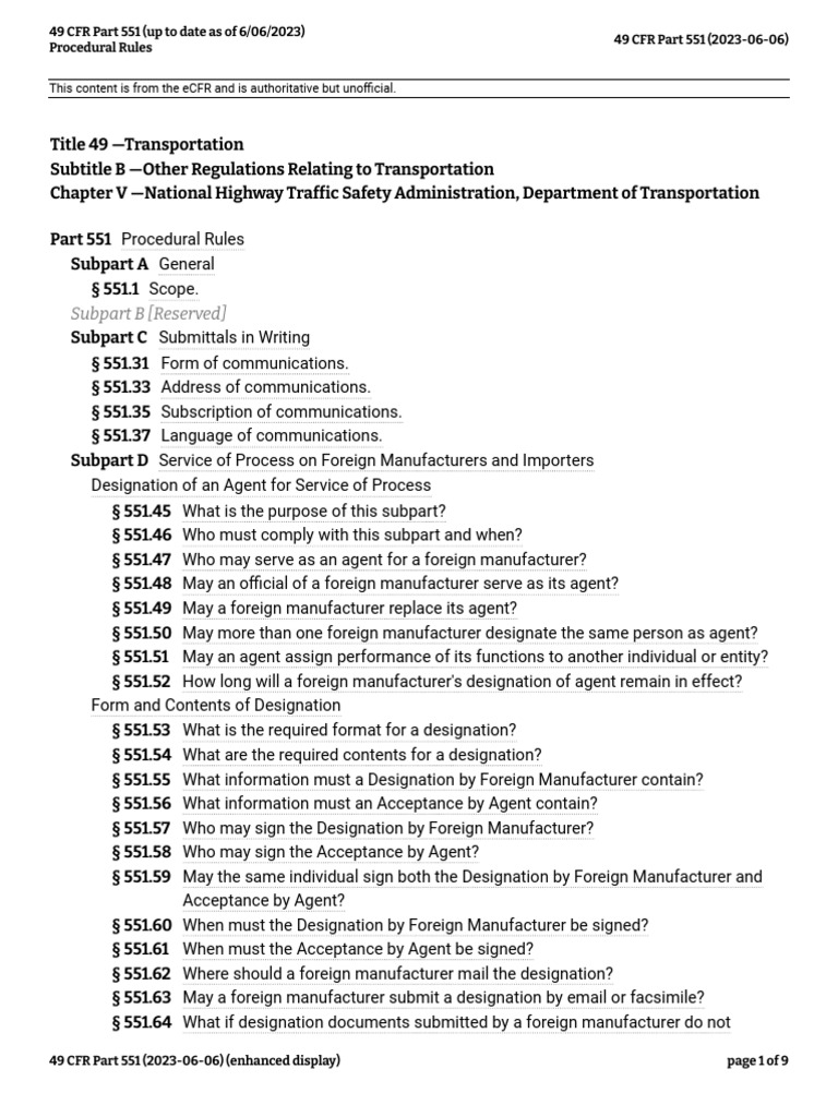 49 CFR Part 551 (Up To Date As of 6-06-2023) | PDF | Service Of Process ...