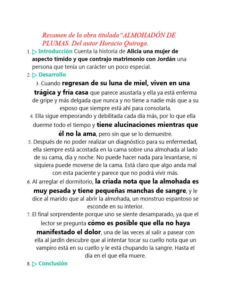 Resumen de La Obra titulada"ALMOHADÓN DE PLUMAS. Del Autor Horacio ...