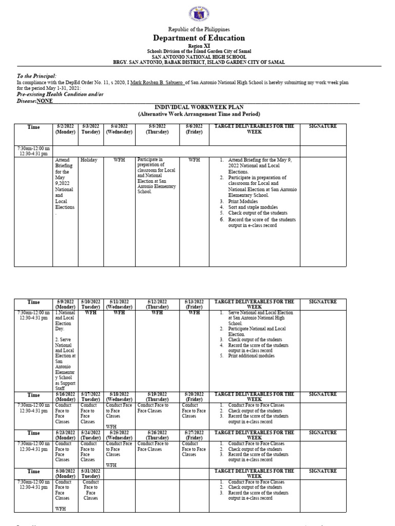 Individual Work Week Plan May | PDF