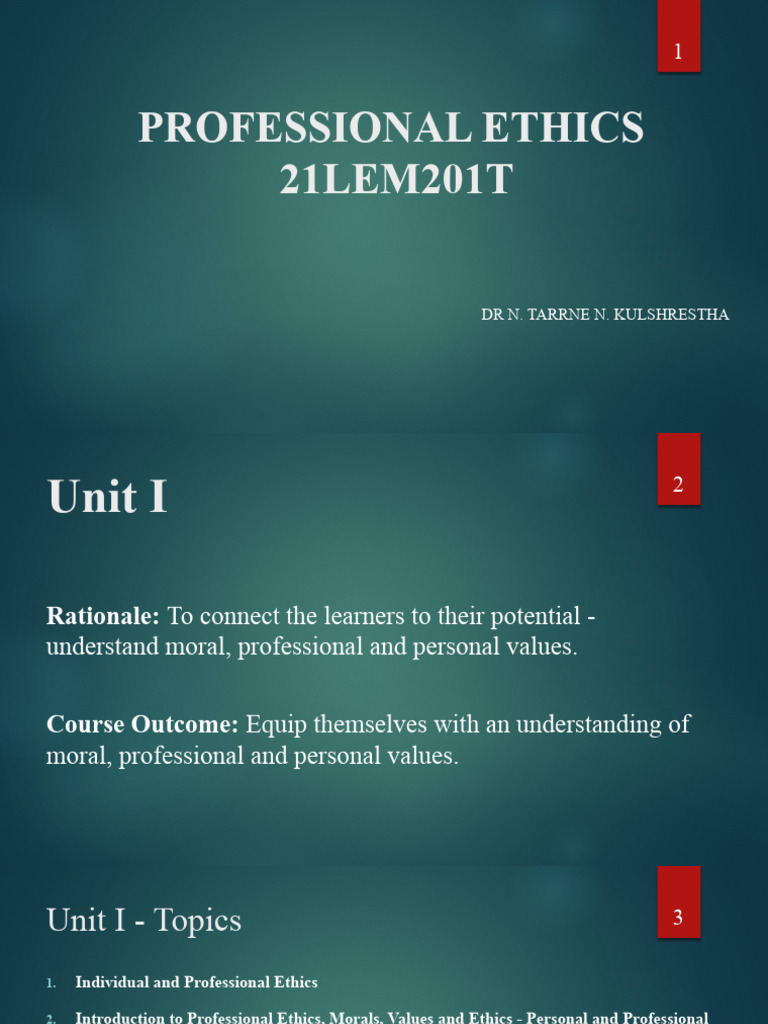 Professional Ethics Unit 1 PPT (1) | PDF | Morality | Integrity