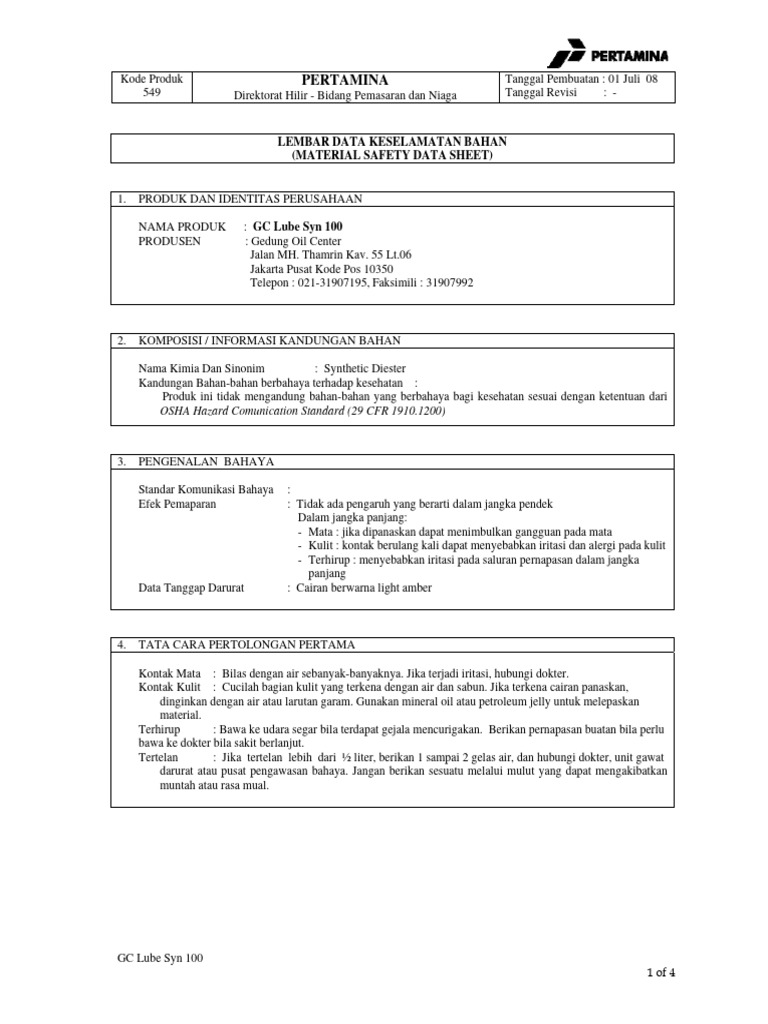 Pelumas Pertamina MSDS GC Lube Syn 100 | PDF | Teknologi & Rekayasa