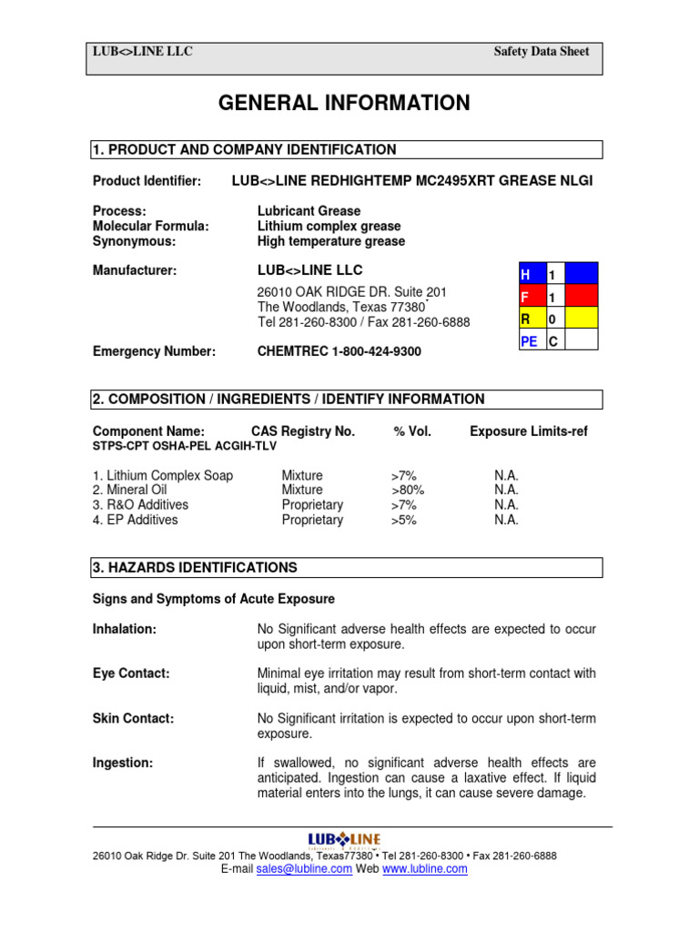 MSDS Lubline High Temp MC2495 XRT Grease NLGI 2 | Download Free PDF ...