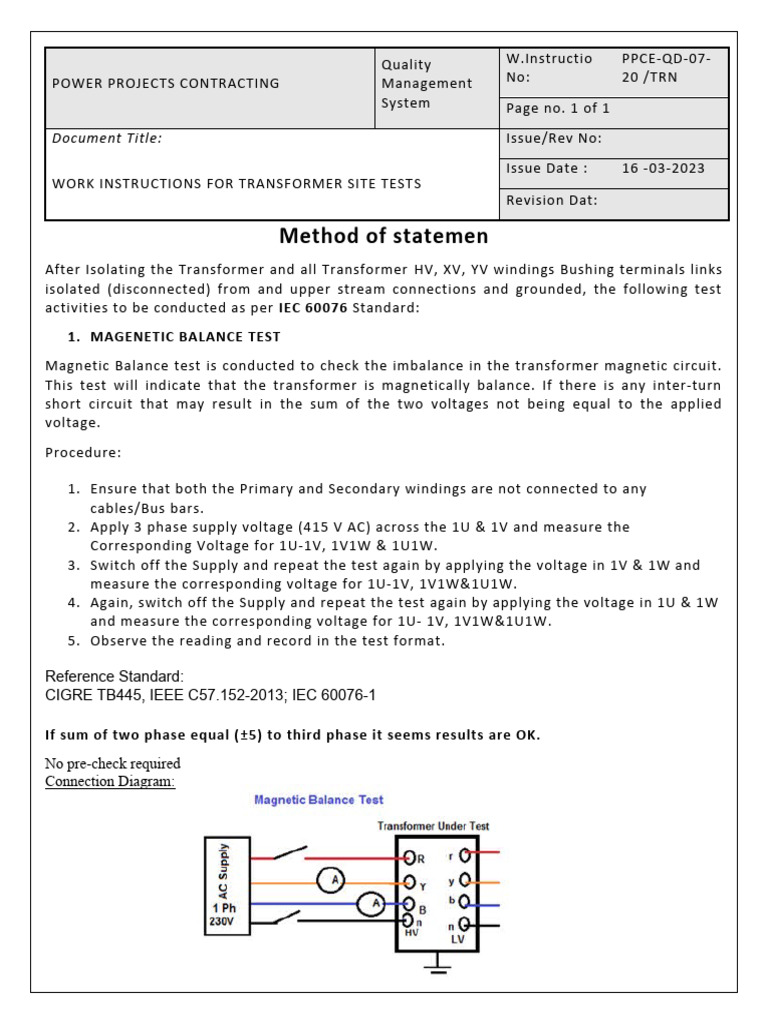 Transformer Testing Method of Statment | PDF | Transformer | Voltage