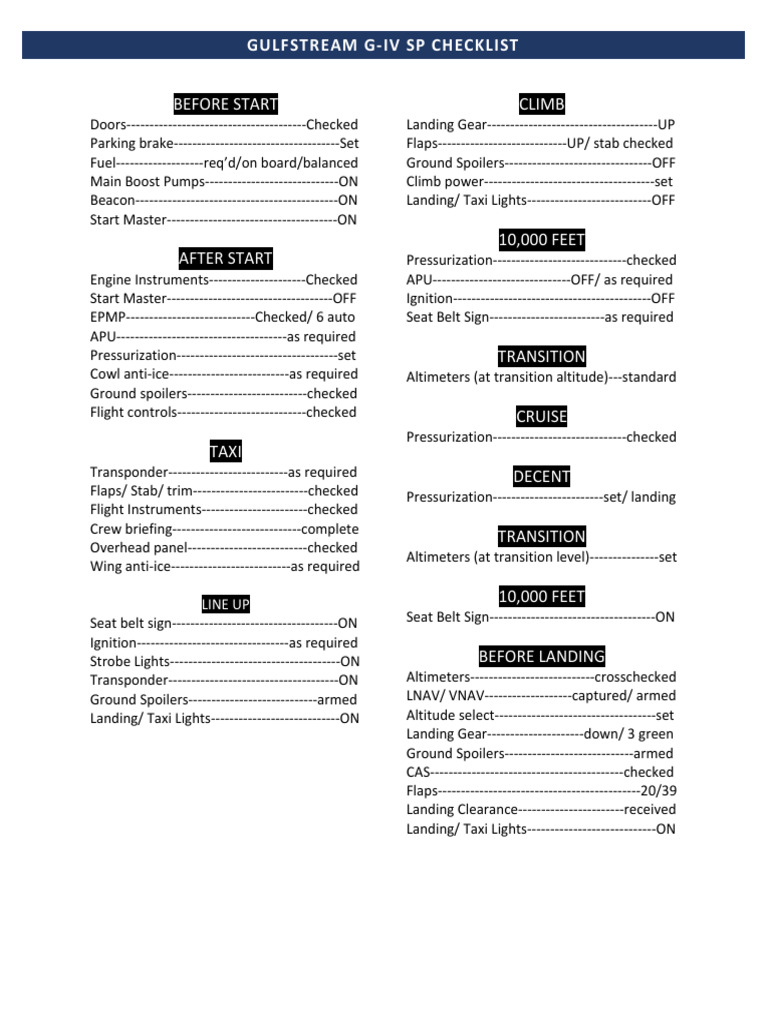 Gulfstream G-IV SP Pilot Checklist | PDF | Aviation Safety | Transport