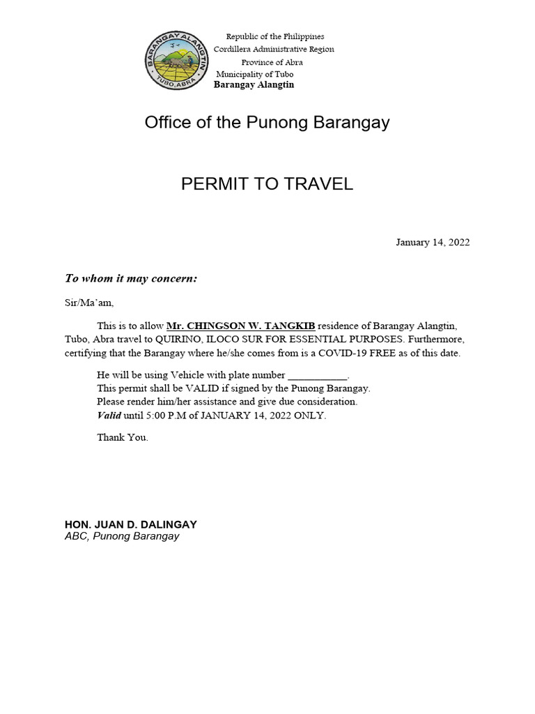 Brgy - Travel Permit | PDF | Philippines
