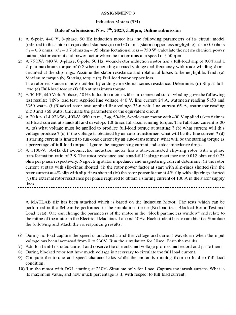 Assignment 3 Question On Induction Machines | PDF | Electric Motor | Electromagnetism