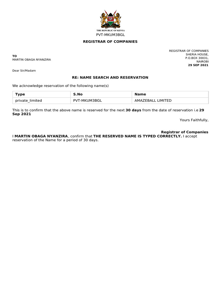 PVT MKUM3BGL Name Reservation Certificate | PDF