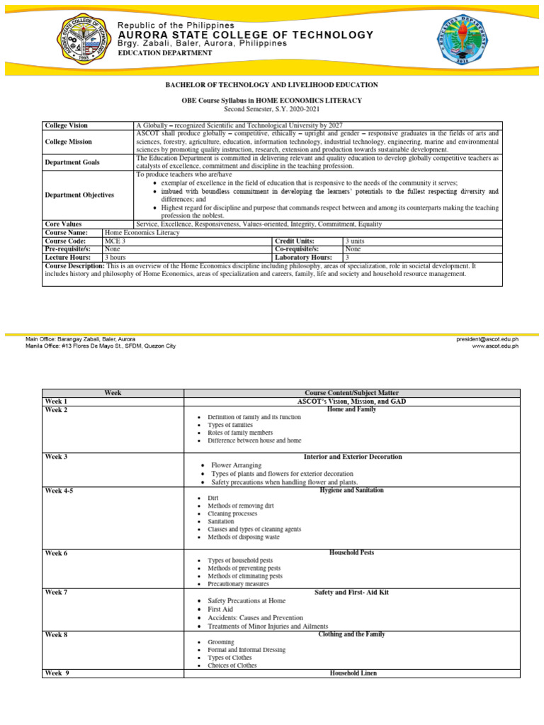 Syllabus in Home Economics Literacy | PDF | Educational Technology ...