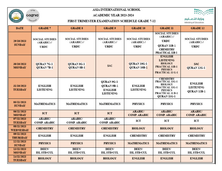 First Trimester Examination Schedule 7-12 Updated | PDF