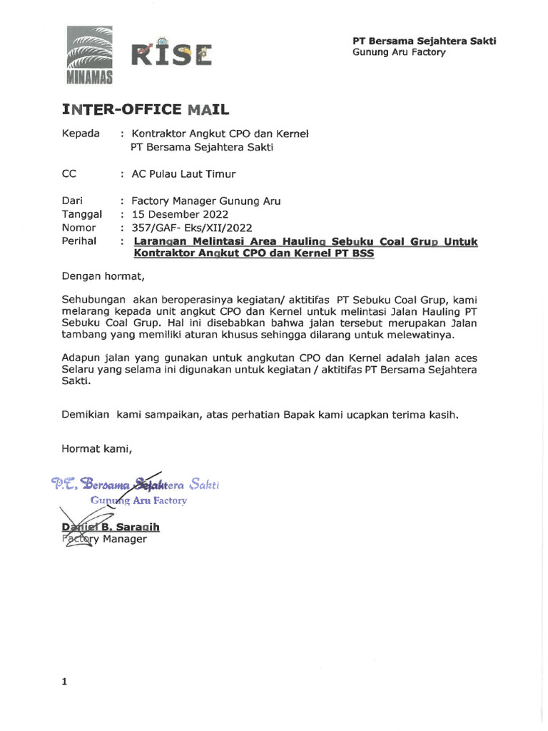Larangan Melintasi Area Hauling Sebuku Coal Grup Untuk Kontraktor Angkut CPO dan Kernel PT BSS | PDF