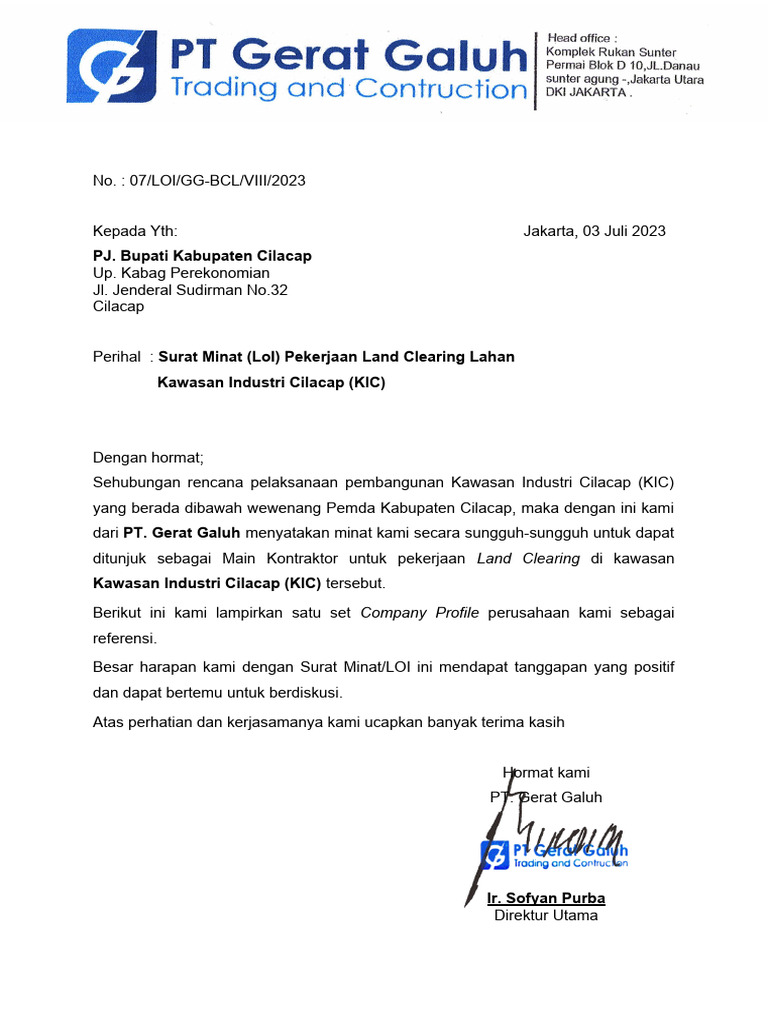 LOI Pekerjaan Land Clearing Lahan KIC - PT GERAT GALUH To KIC | PDF