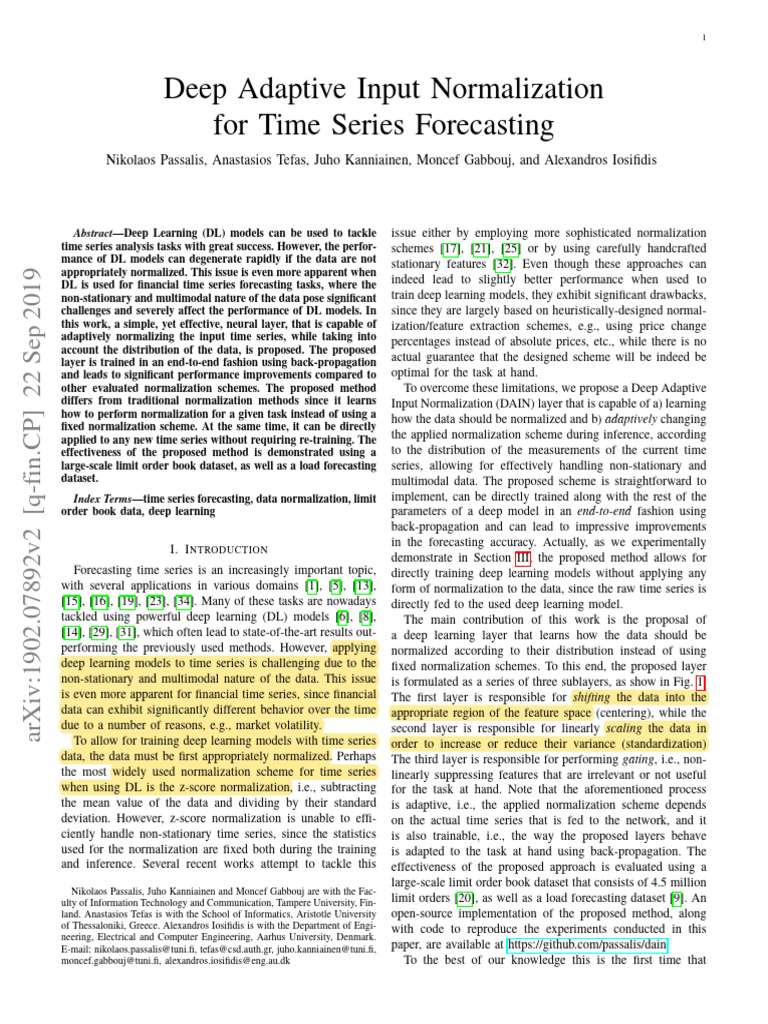 Deep Adaptive Input Normalization Pdf Time Series Deep Learning