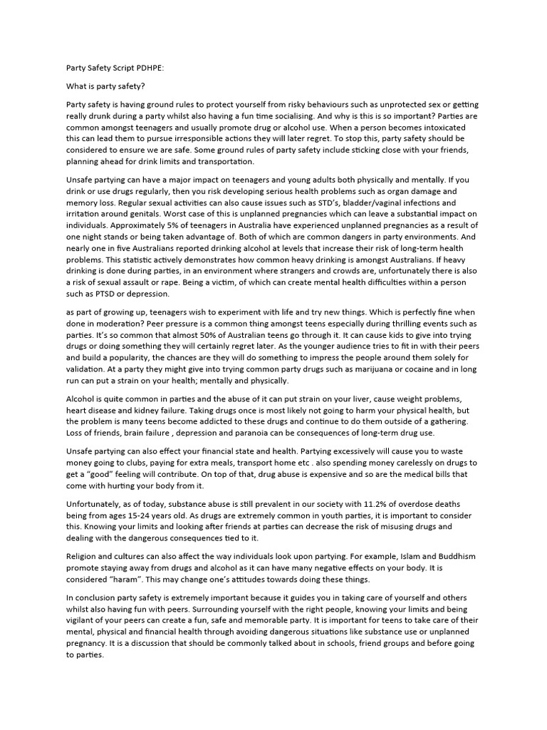 Party Safety Script PDHPE | Download Free PDF | Substance Abuse ...