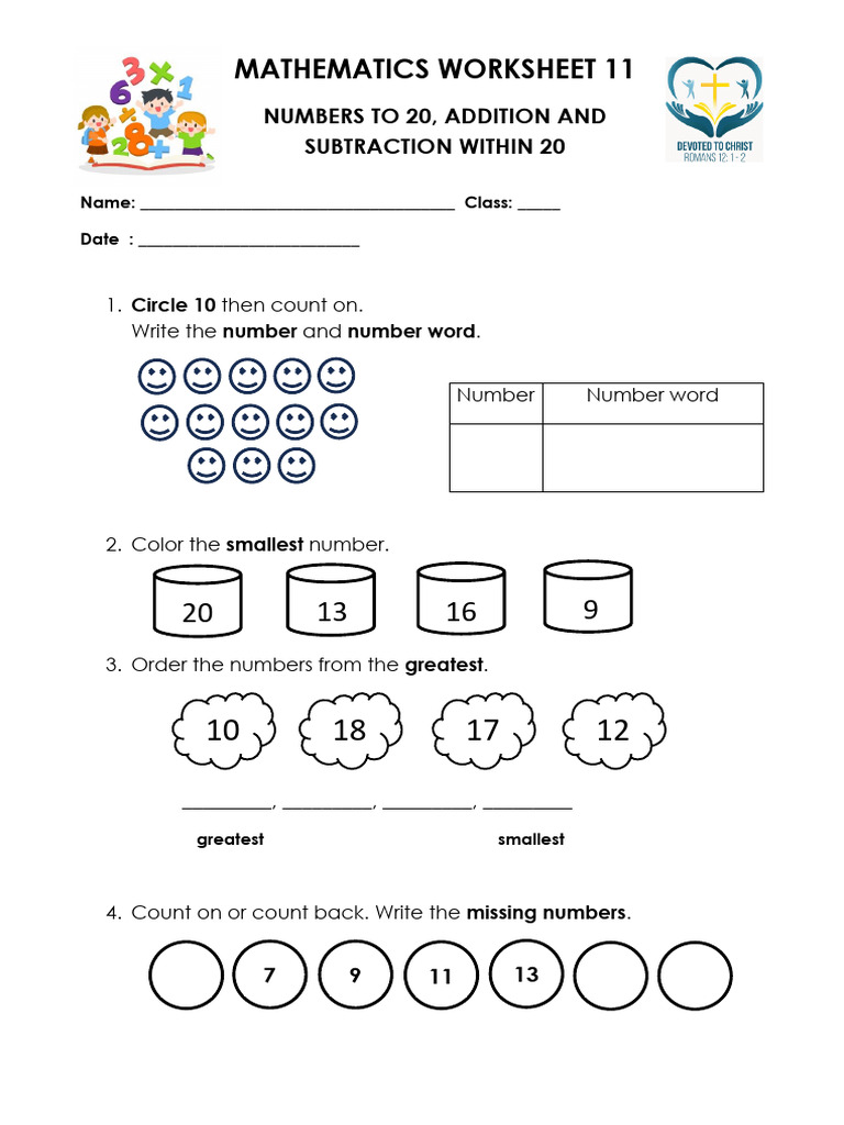 Math Worksheet 11 Numbers To 20, Addition and Subtraction Within 20 | PDF