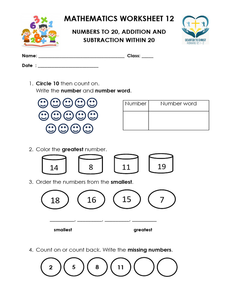 Math Worksheet 12 Numbers to 20, Addition and Subtraction Within 20 | PDF