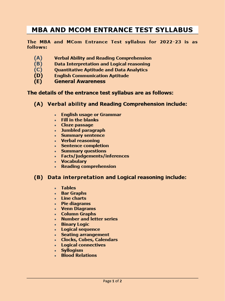 Mba and Mcom Entrance Test Syllabus 2023 - 120623 | PDF | English ...