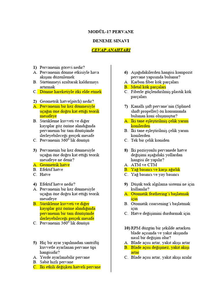 Modül-17 Pervane Deneme Sınavı-Cevap Anahtarı | PDF